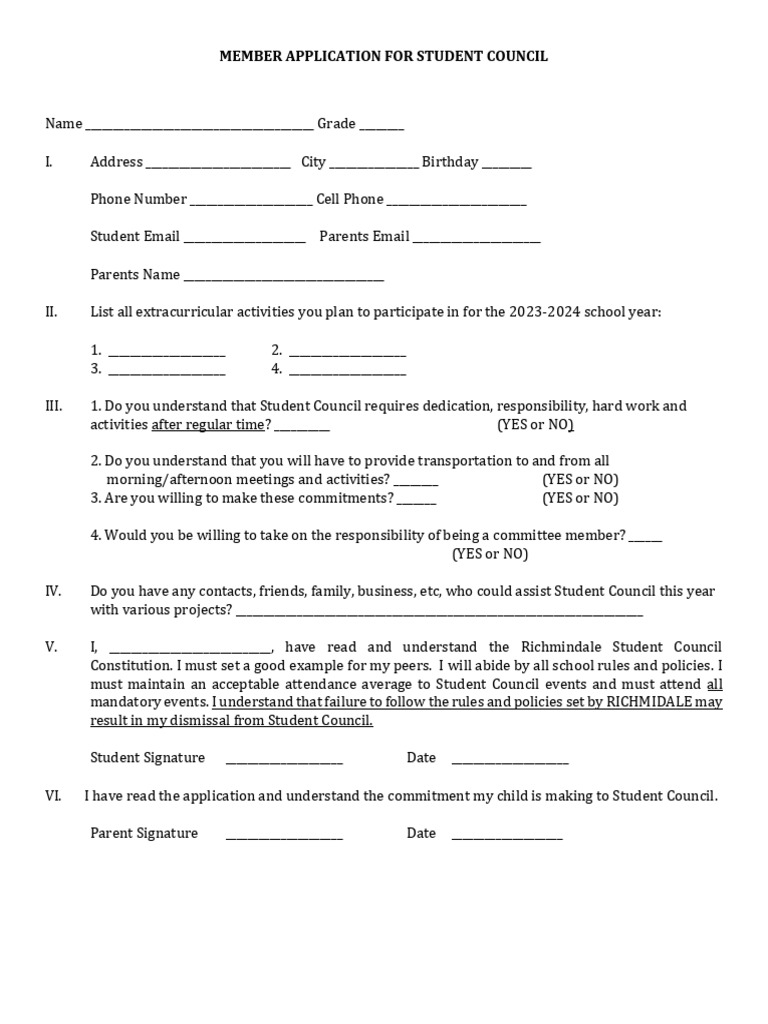 Student Council Application Form 2023-2024 | PDF