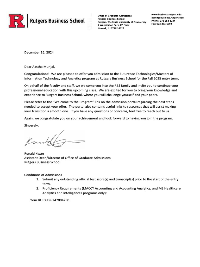 Rutgers Offer Letter - Astha Munjal | PDF