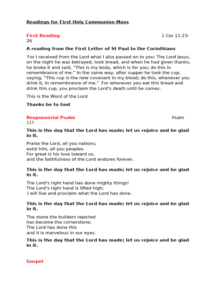 Mass Readings For First Holy Communion Mass | PDF