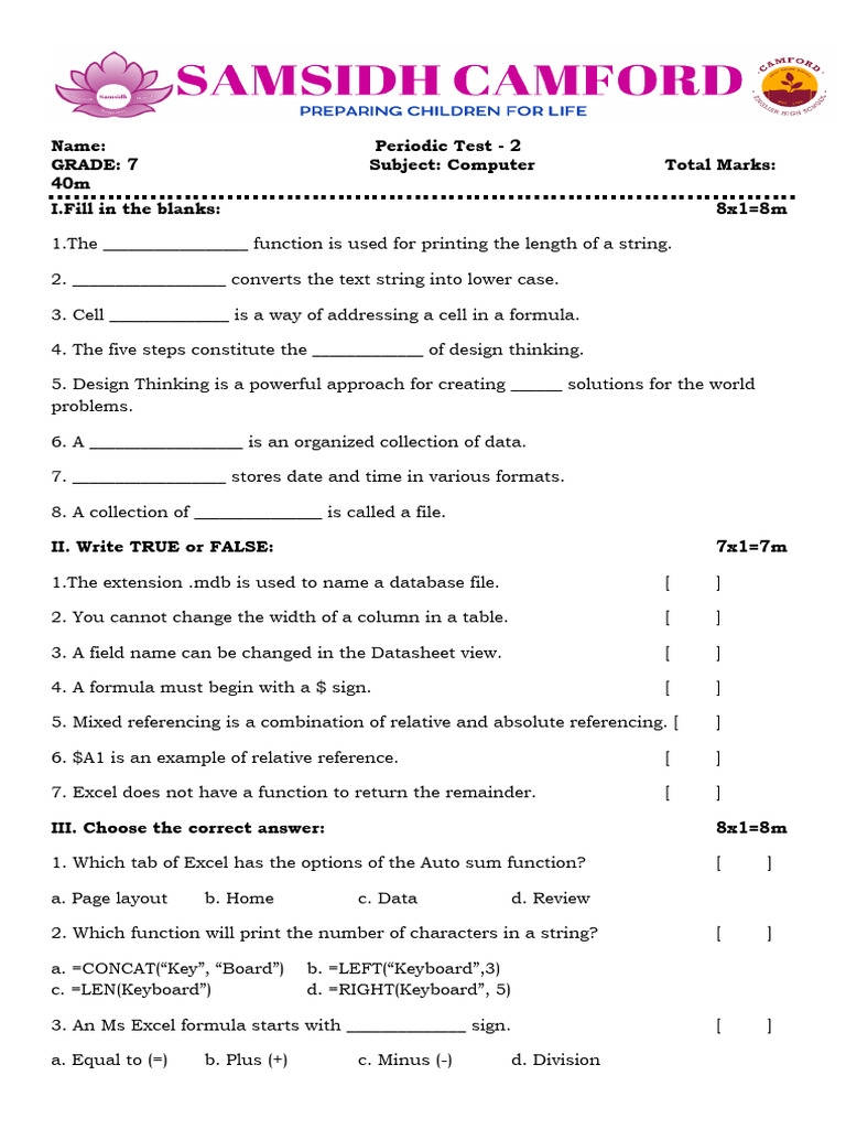 Name: Periodic Test - 2 Grade: 7 Subject: Computer Total Marks: 40m I ...