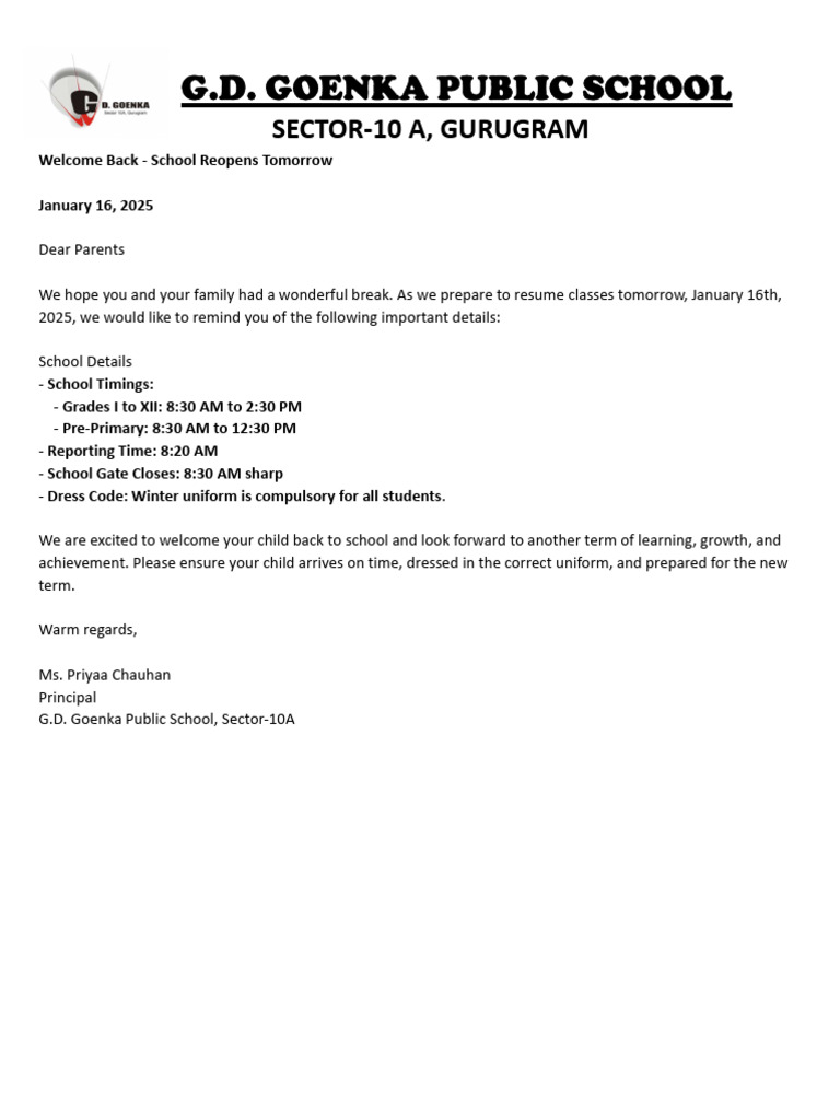 G.D. Goenka School Reopening Notice | PDF