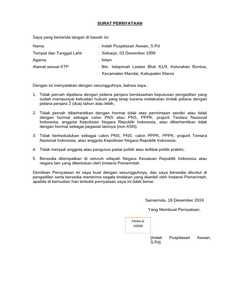 Surat Pernyataan Samarinda ASN P3K (Gelar) | PDF