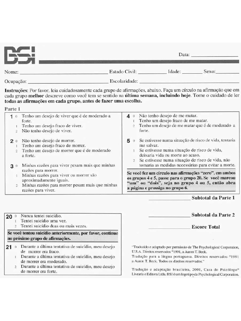 Escala Beck de Ideação Suicida BSS | PDF