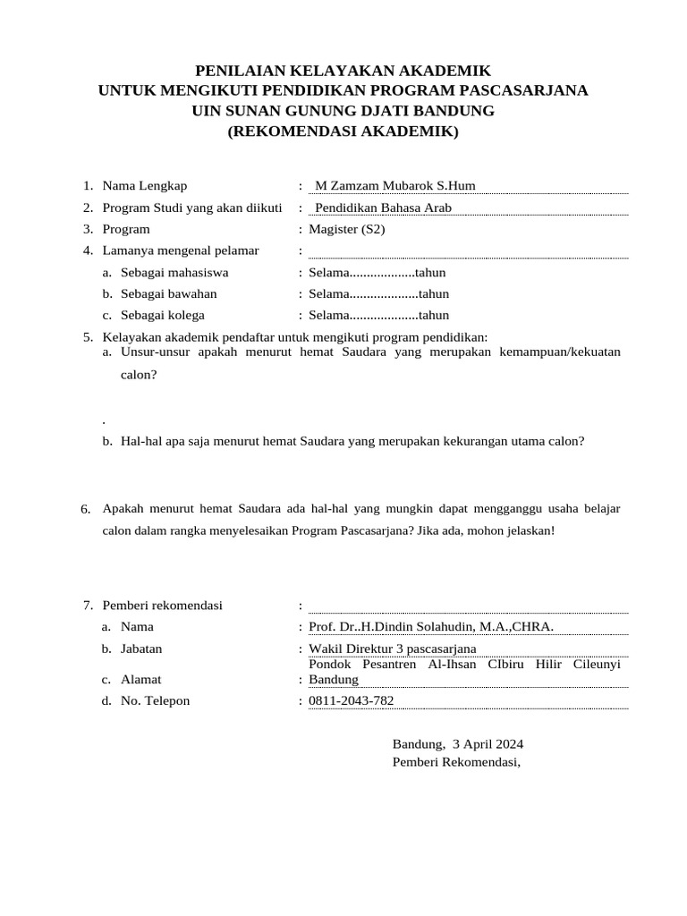 Surat Rekomendasi Azam - Prof Dindin | PDF