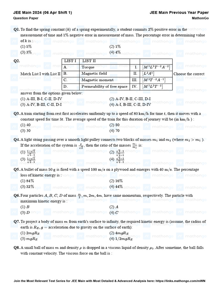 JEE Main 2024 (06 Apr Shift 1) Previous Year Paper With Answer Keys ...