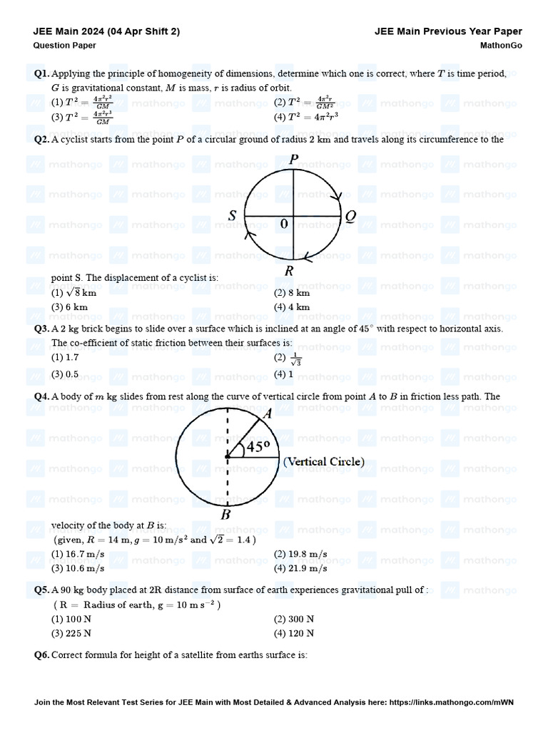 JEE Main 2024 (04 Apr Shift 2) Previous Year Paper With Answer Keys - MathonGo | PDF | Circle ...