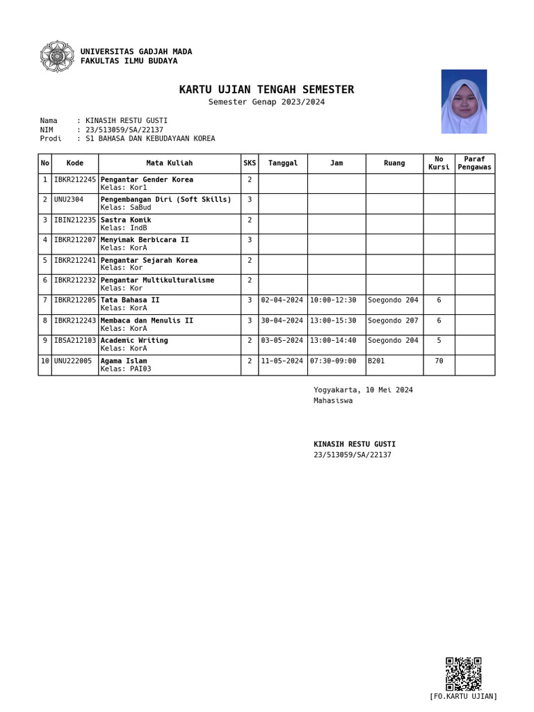 Kartu Ujian Tengah Semester UGM 2024 | PDF