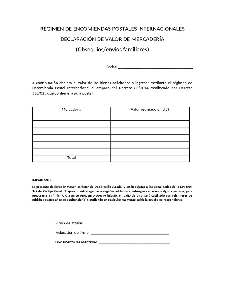 Declaracion-De-Valor Aduana | PDF