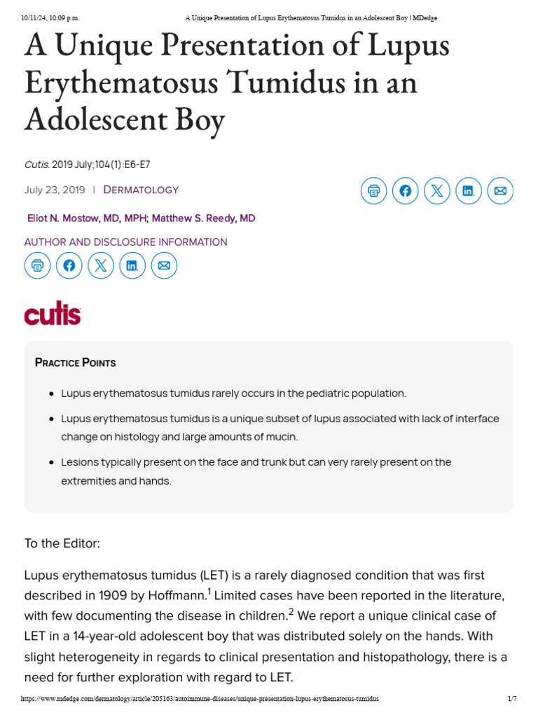 A Unique Presentation of Lupus Erythematosus Tumidus in An Adolescent ...