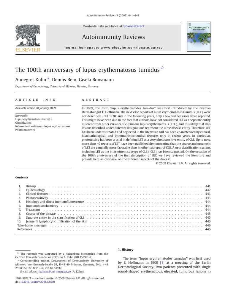 The 100th Anniversary of Lupus Erythematosus Tumidus | PDF | T Cell ...