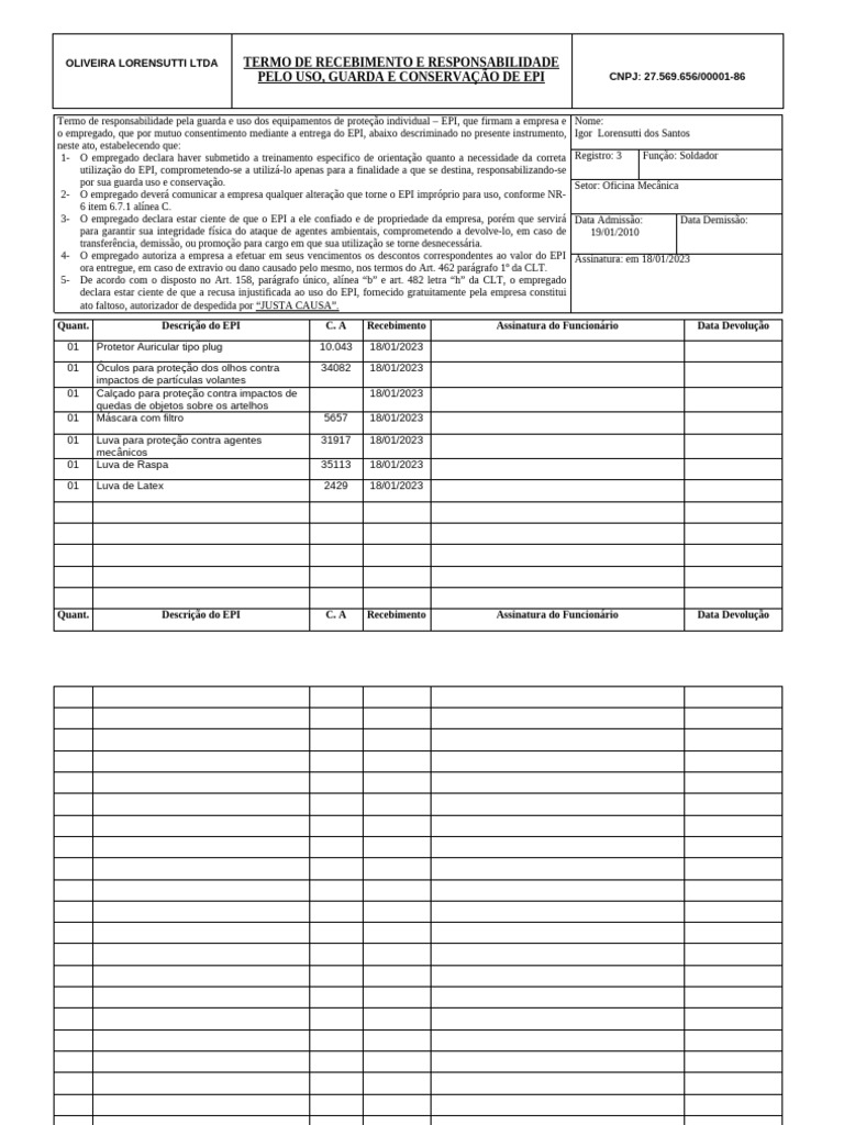 Termo de Recebimento de Epi | PDF