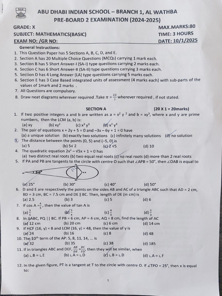 Math Pre Board-2 Paper | PDF | Circle | Trigonometric Functions