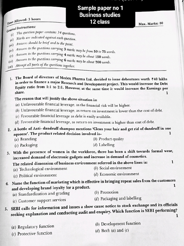 12 BST Sample Paper 1 | PDF