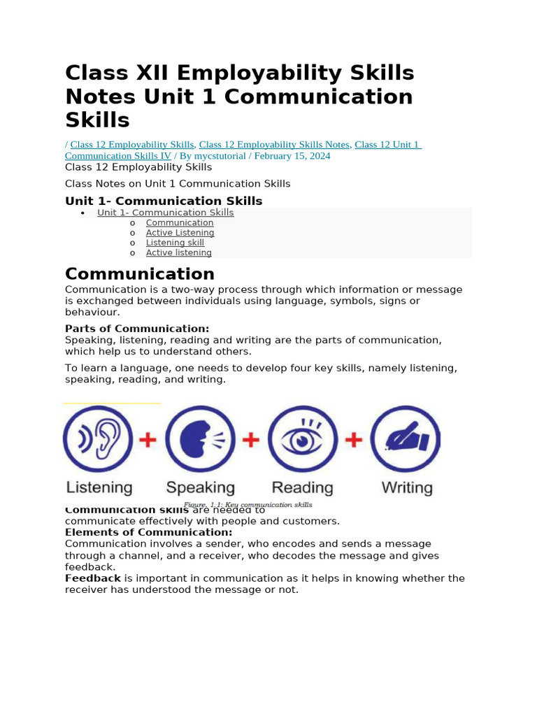 Communication Skills Class 12 | PDF | Communication | Cognitive Science