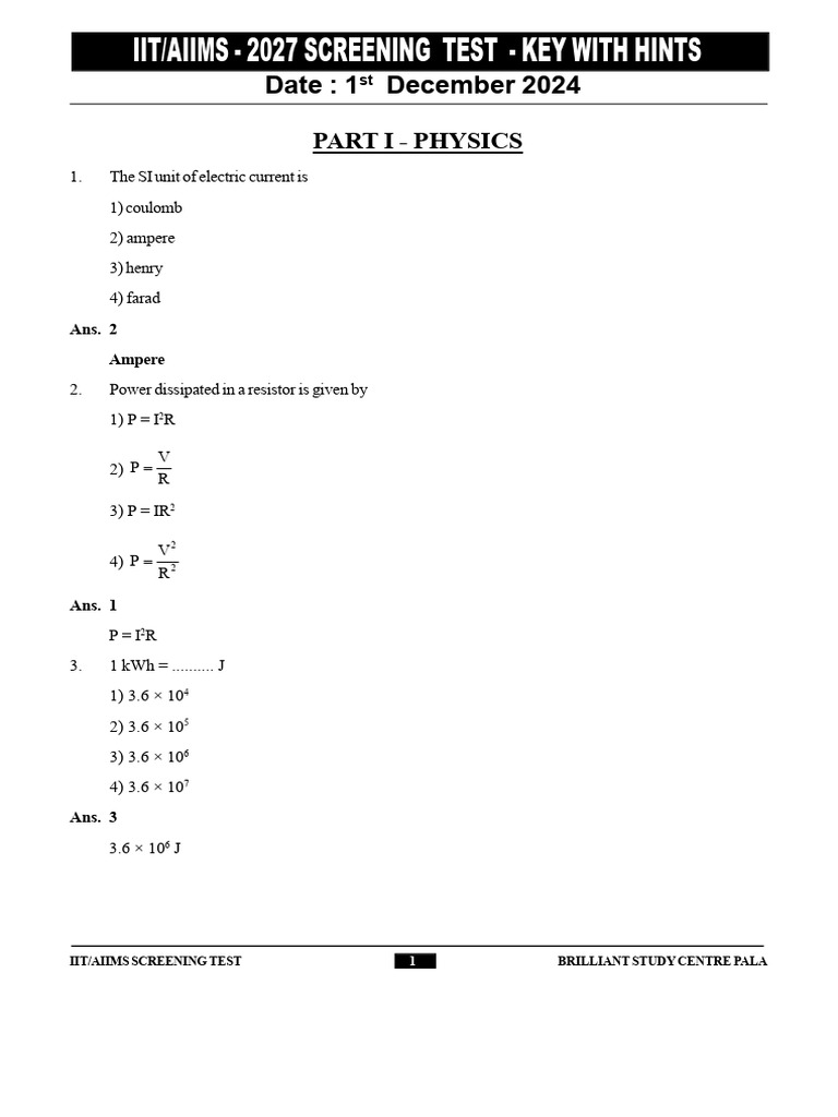 IITAIIMS 2027 SCREENING TEST ANSWERh KEY Dec 1 | PDF | Waves | Force