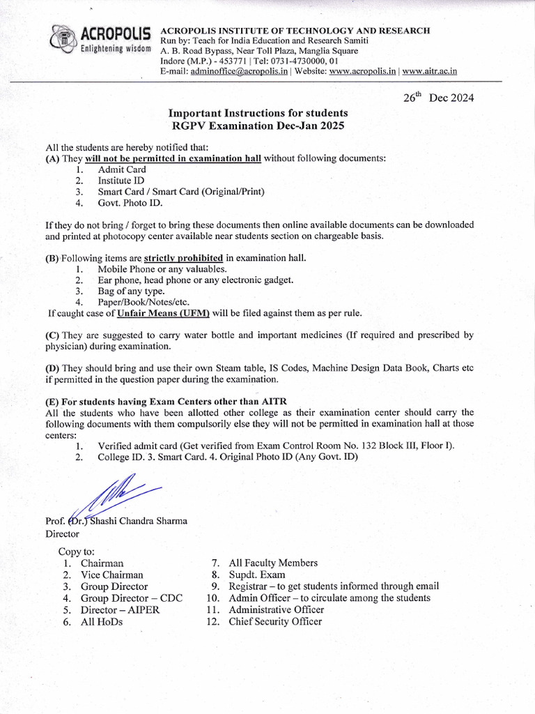 Important Instructions For Students RGPV Exam Dec 2024 - Jan 2025 | PDF