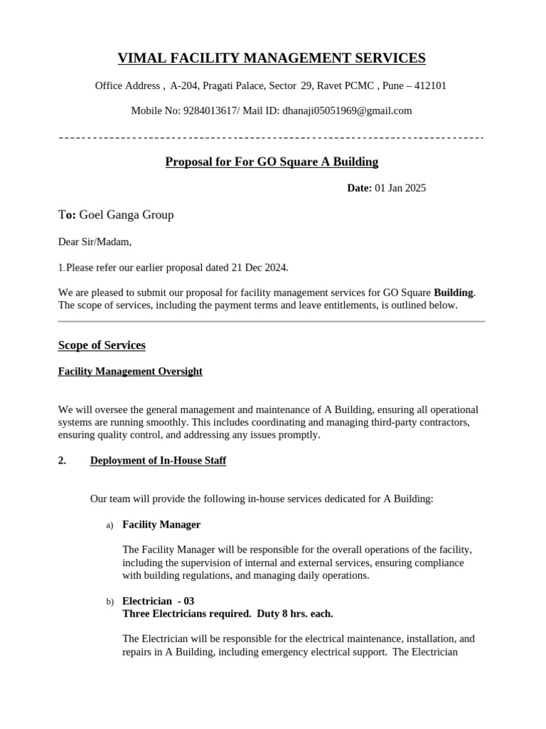 Facility Management Proposal for GO Square | PDF | Housekeeping ...