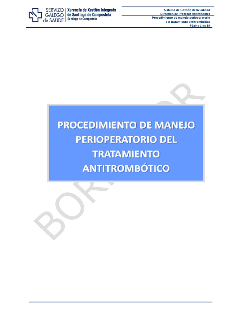 Procedimiento Manejo Perioperatorio Del Tratamiento Antitrombótico | PDF | Especialidades ...