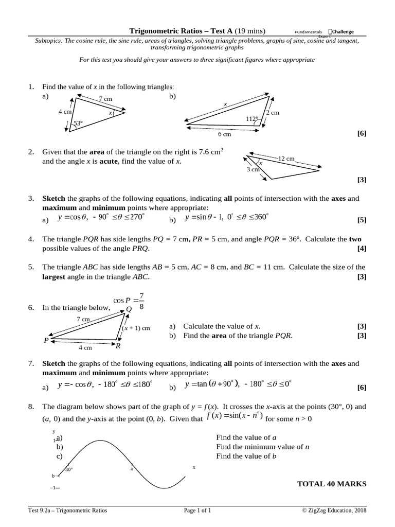 Test 9.2a – Trigonometric Ratios | PDF | Trigonometric Functions | Triangle
