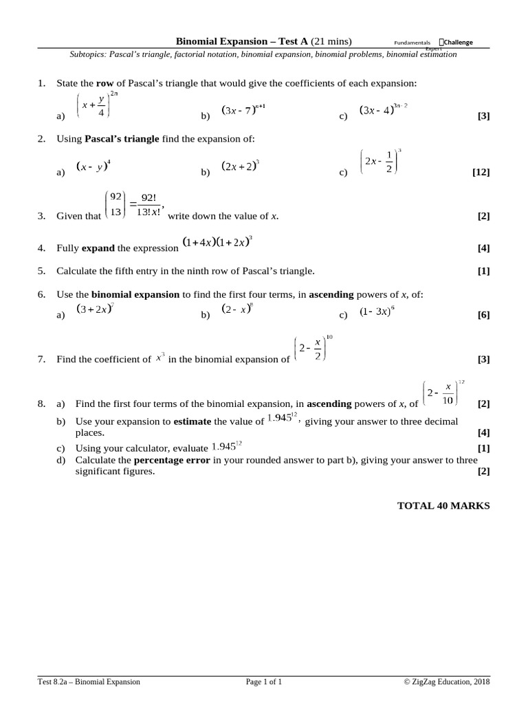 Test 8.2a - Binomial Expansion | PDF