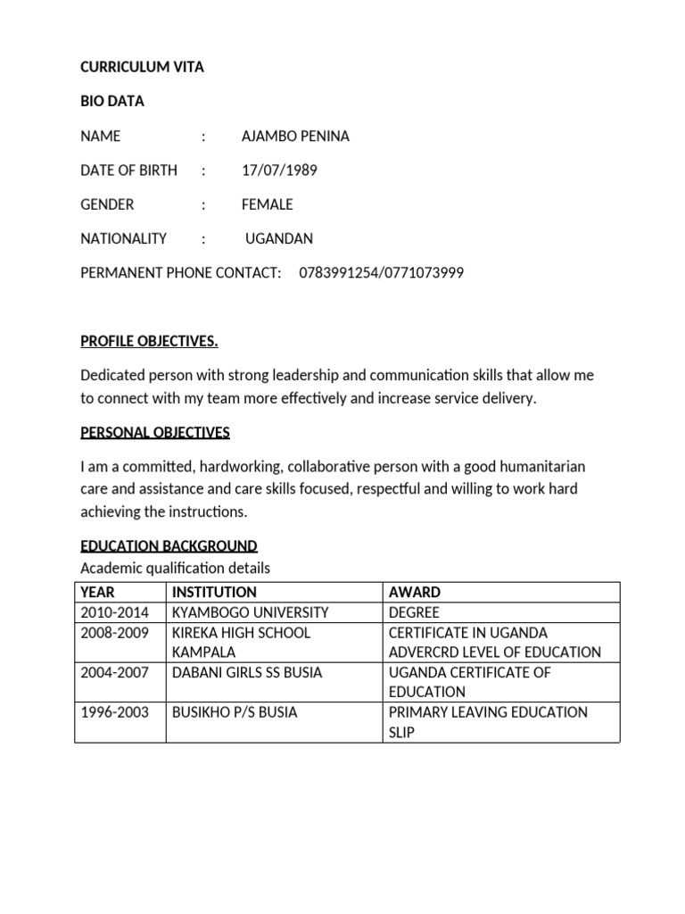 Curriculum Vita (2) Penina | PDF | Uganda