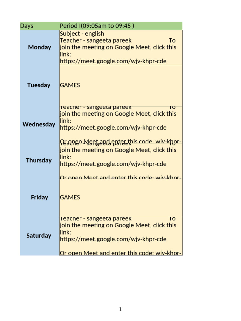 7a6 Time Table | PDF