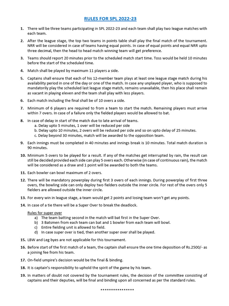 SPL cricket tournament rules | PDF | Bowling (Cricket) | Athletic Sports