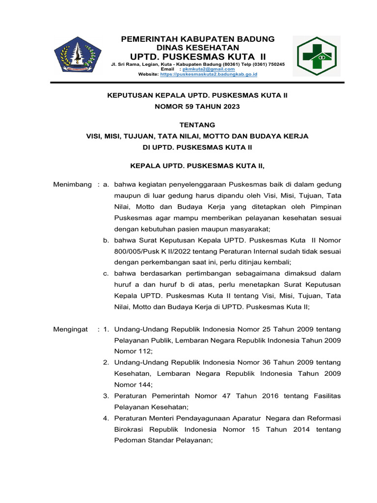 SK No. 59 Tahun 2023 TTG Visi, Misi, Tujuan, Tata Nilai, Motto Dan Budaya Kerja-1 | PDF