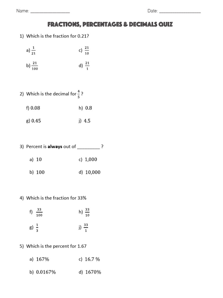 Fractions Percentages Decimals Quiz | PDF | Percentage | Mathematics