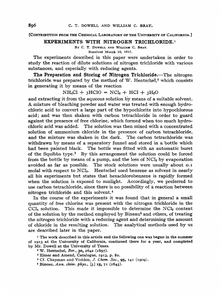 EXPERIMENTS WITH NITROGEN TRICHLORIDE. | PDF | Chlorine | Ammonia