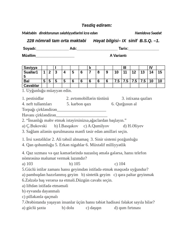 Həyat Bilgisi IX Sinif A Variant bsq1 | PDF