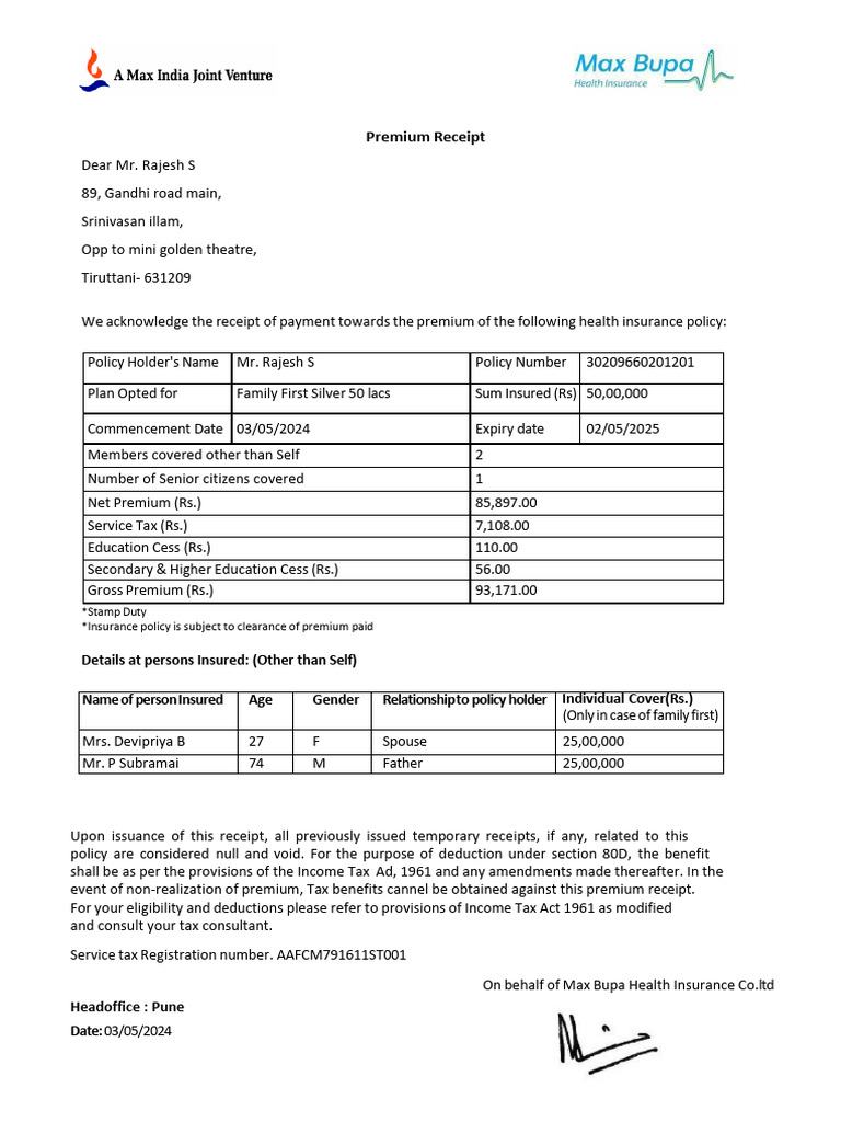Medical Insurance Premium Receipt Family | PDF
