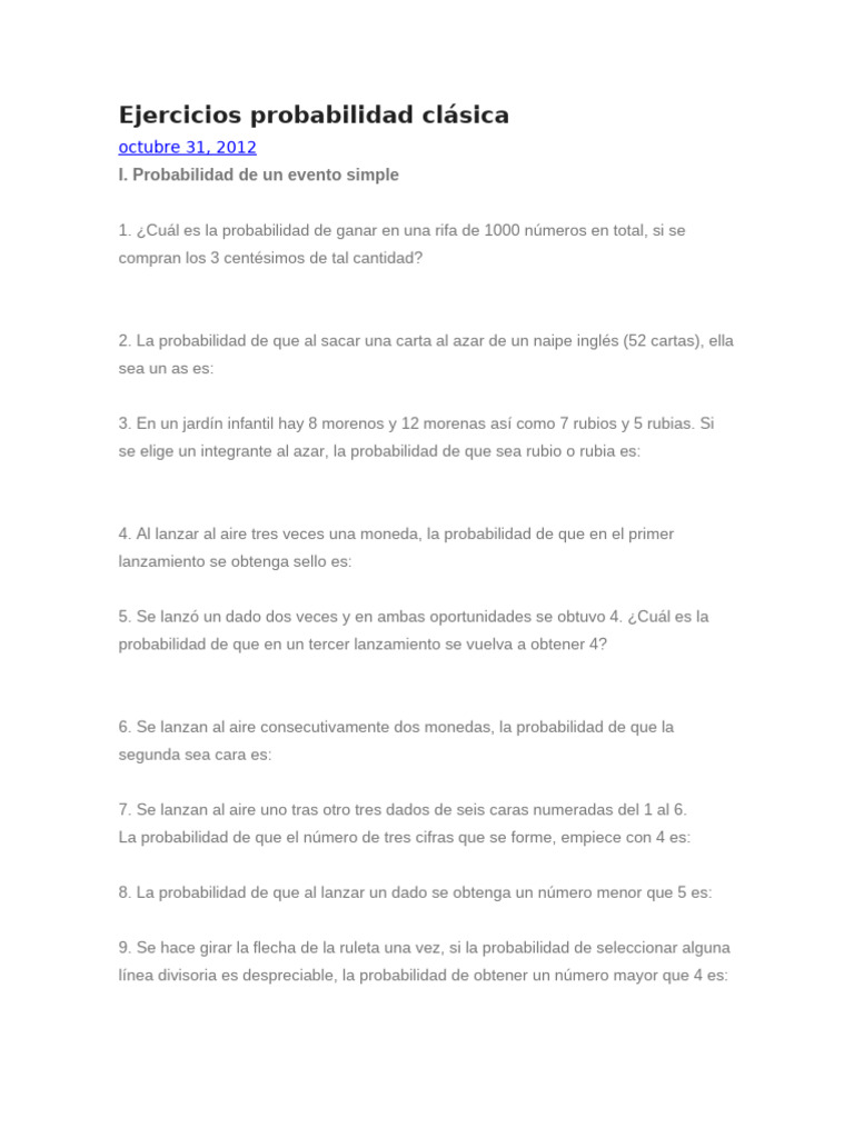 Ejercicios Probabilidad Clásica | PDF | Probabilidad | Jugando a las cartas