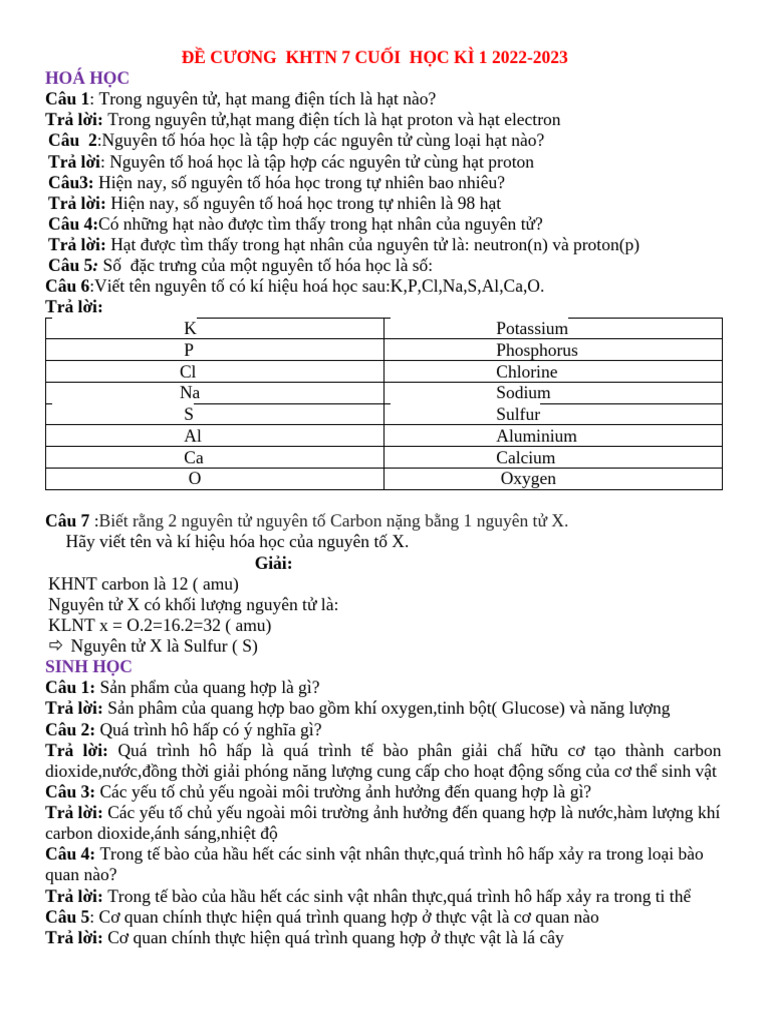 ĐỀ CƯƠNG HK1 KHTN 7 | PDF