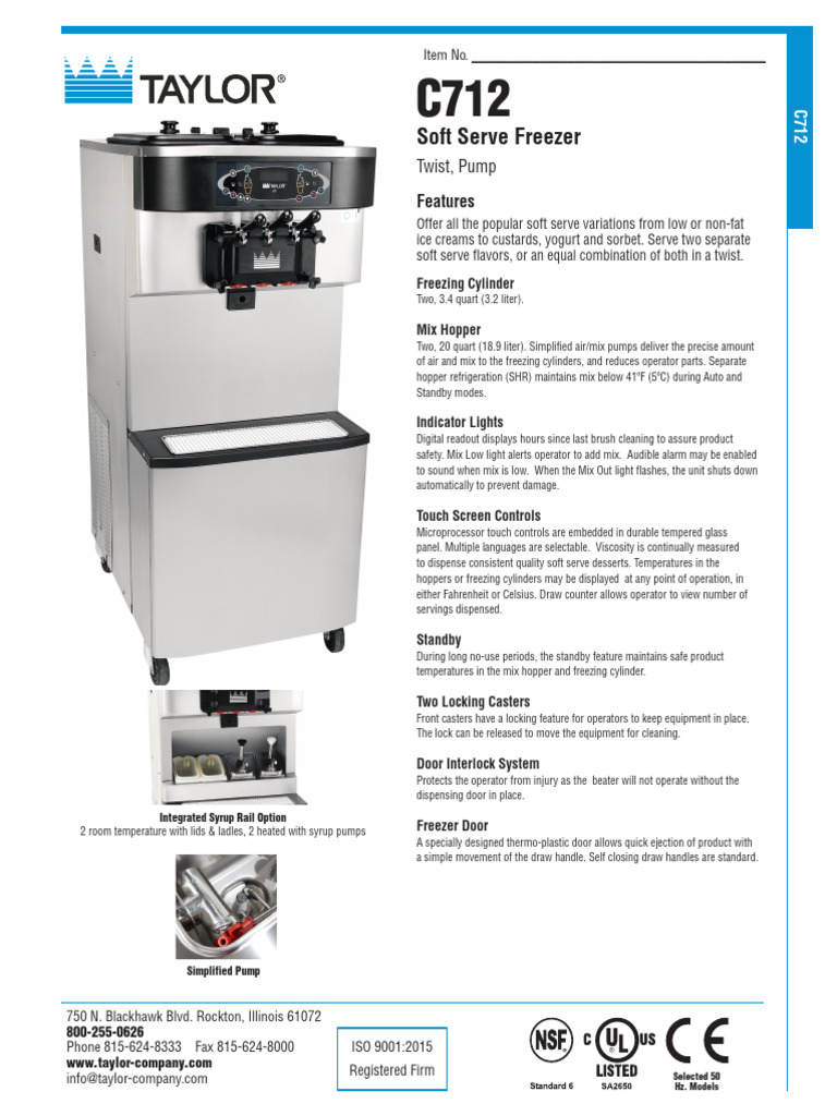 Taylor_C712_SoftServeFreezer_SpecSheet_1 | PDF | Refrigerator | Manufactured Goods