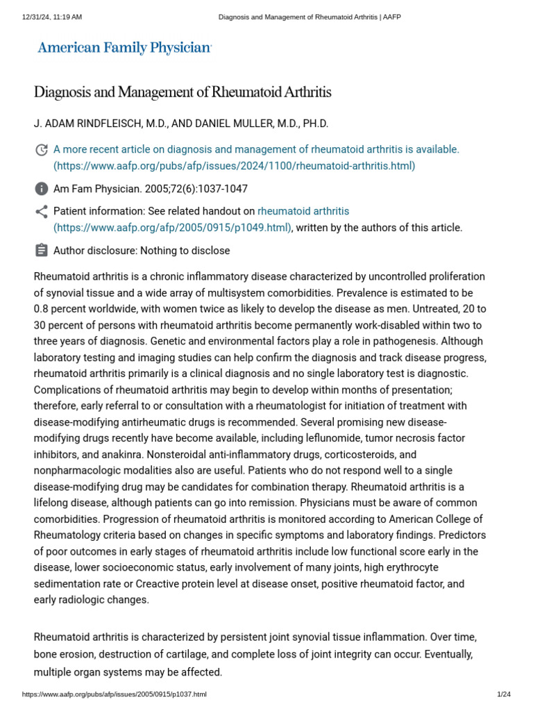 Diagnosis and Management of Rheumatoid Arthritis - AAFP | PDF | Rheumatoid Arthritis | Arthritis