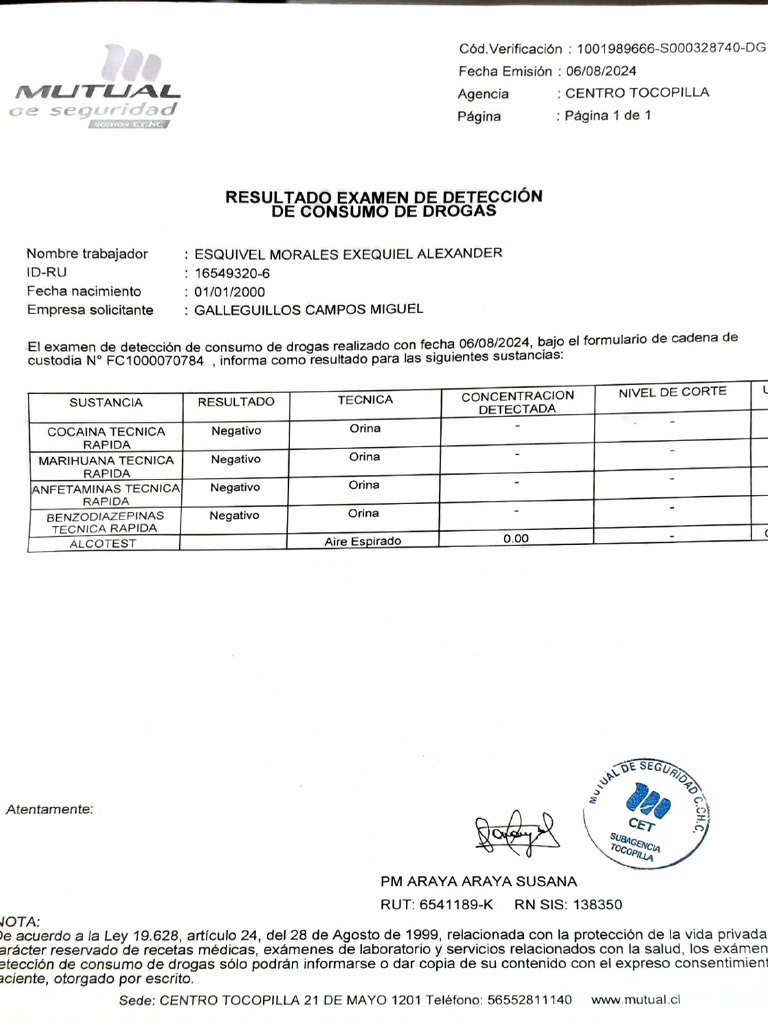 Resultado Examen de Drogas | PDF