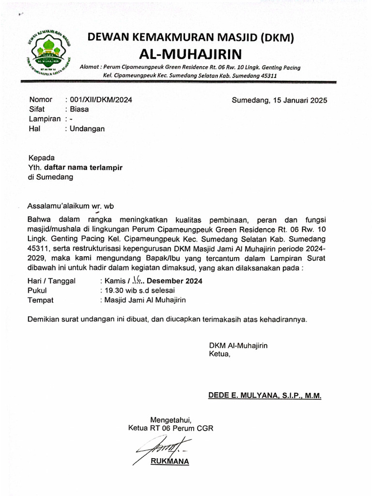 Surat undangan DKM Masjid Al Muhajirin | PDF