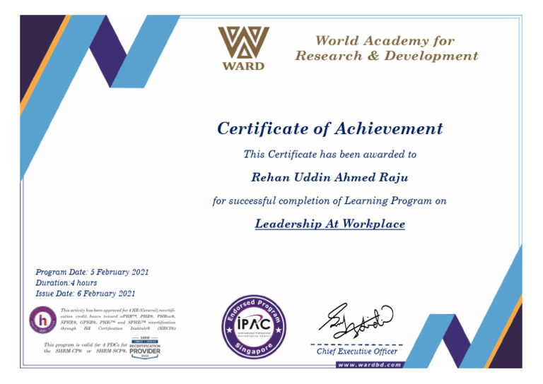 Rehan-Certificate-Leadership At Workplace | PDF