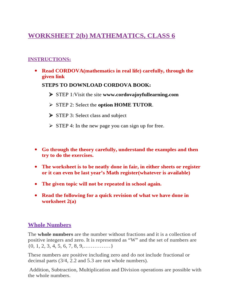 Class 6 Maths Worksheet 2 (B) | PDF | Numbers | Integer