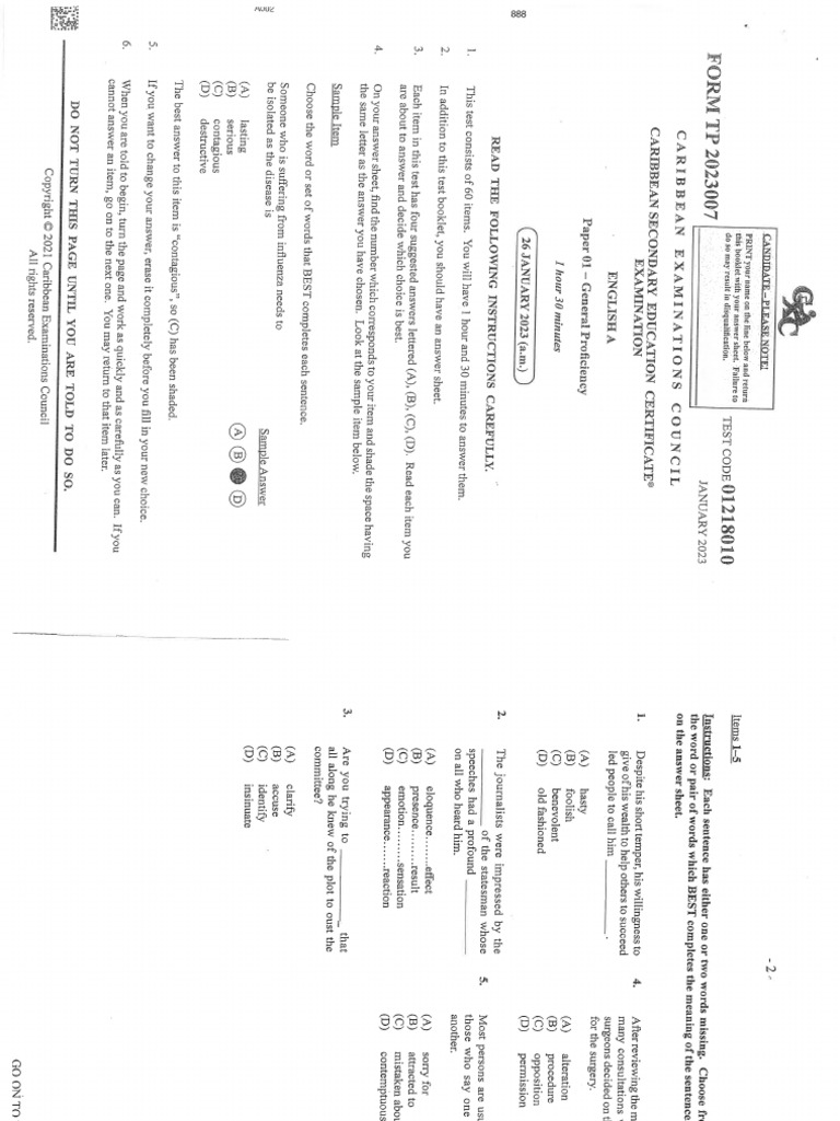 CSEC English A January 2023 P1 | PDF