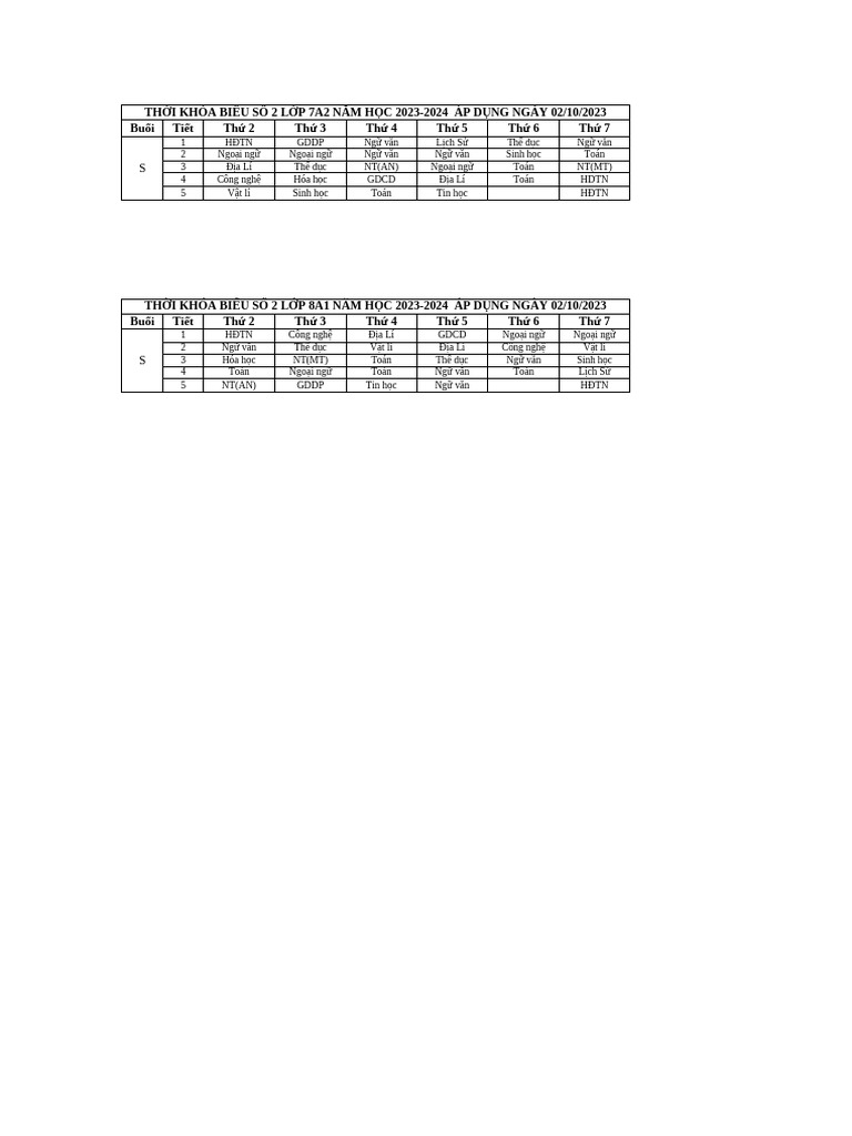 THỜI-KHÓA-BIỂU-SỐ-2-LỚP-7A2-NĂM-HỌC-2023 | PDF