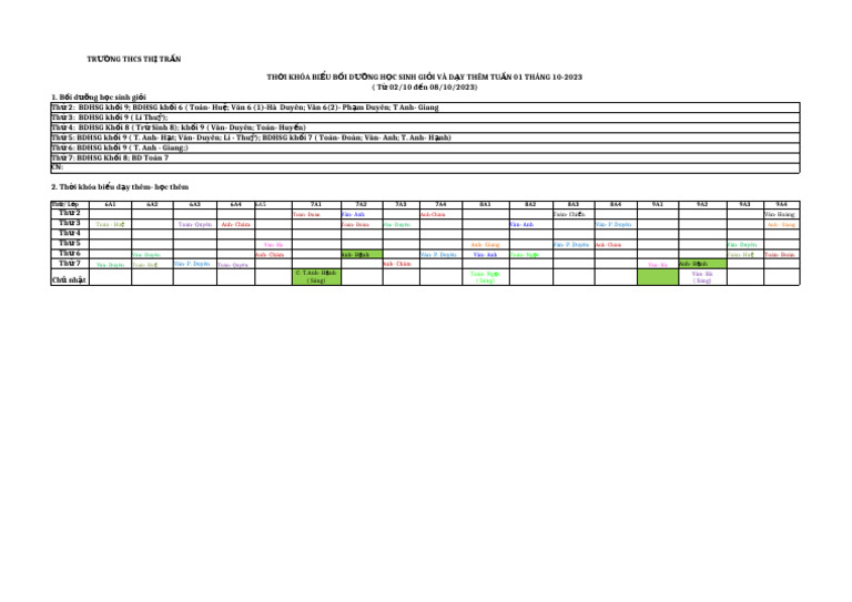 THỜI KHÓA BIỂU BDHSG VÀ DẠY THÊM TUẦN 01 THÁNG 10 2023 | PDF