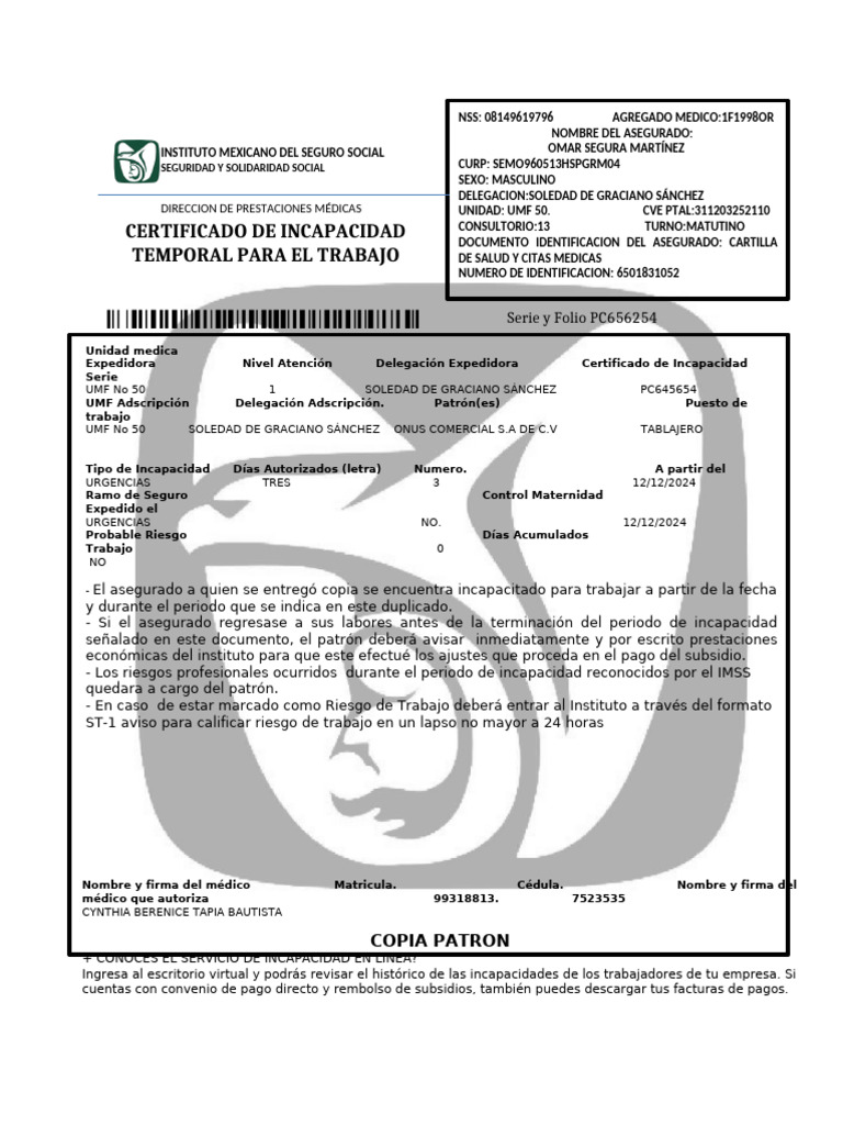 Incapacidad Imss | PDF