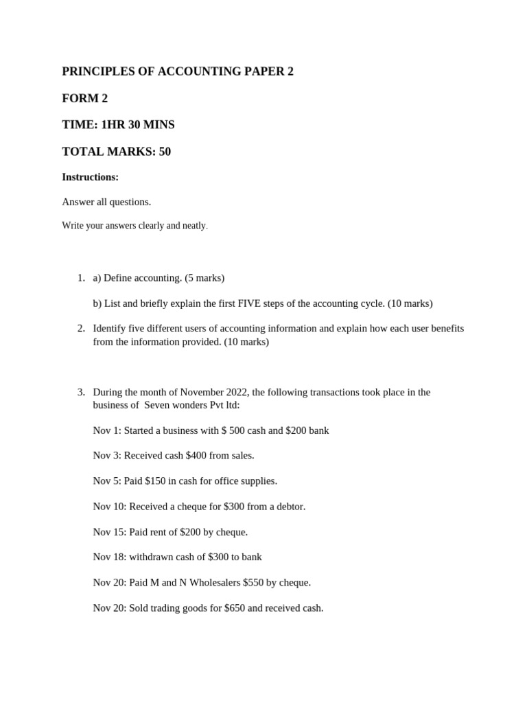 Principles of Accounting Paper 2 Form 2 Final | PDF