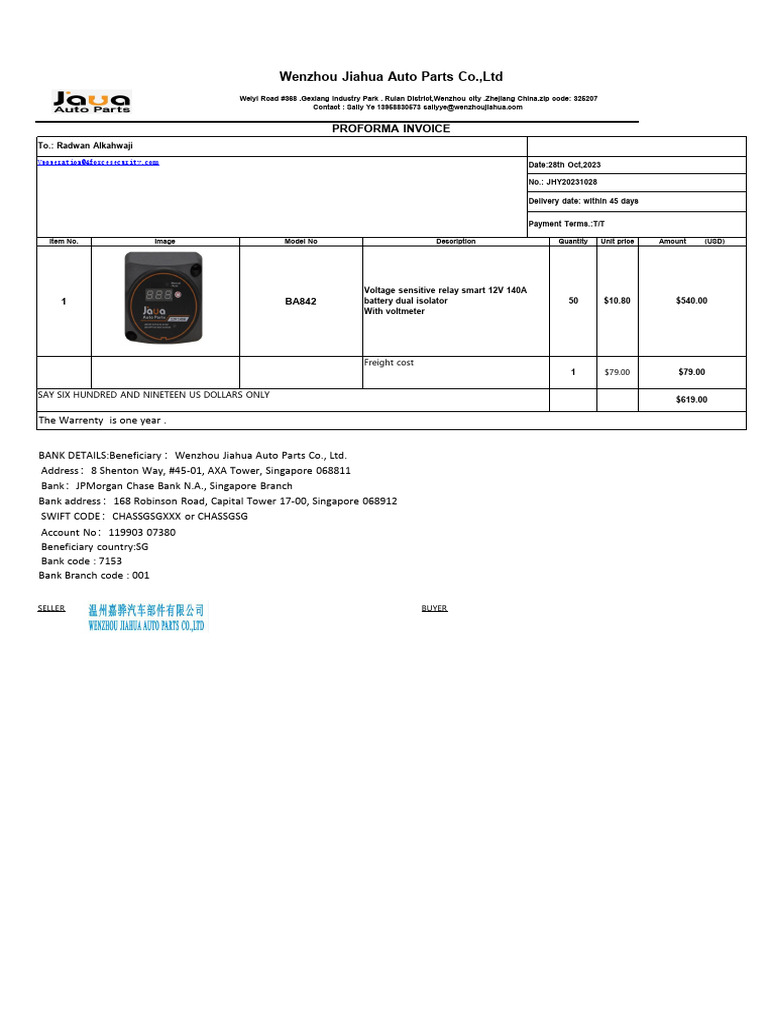 Proforma Invoice for Auto Parts Order | PDF
