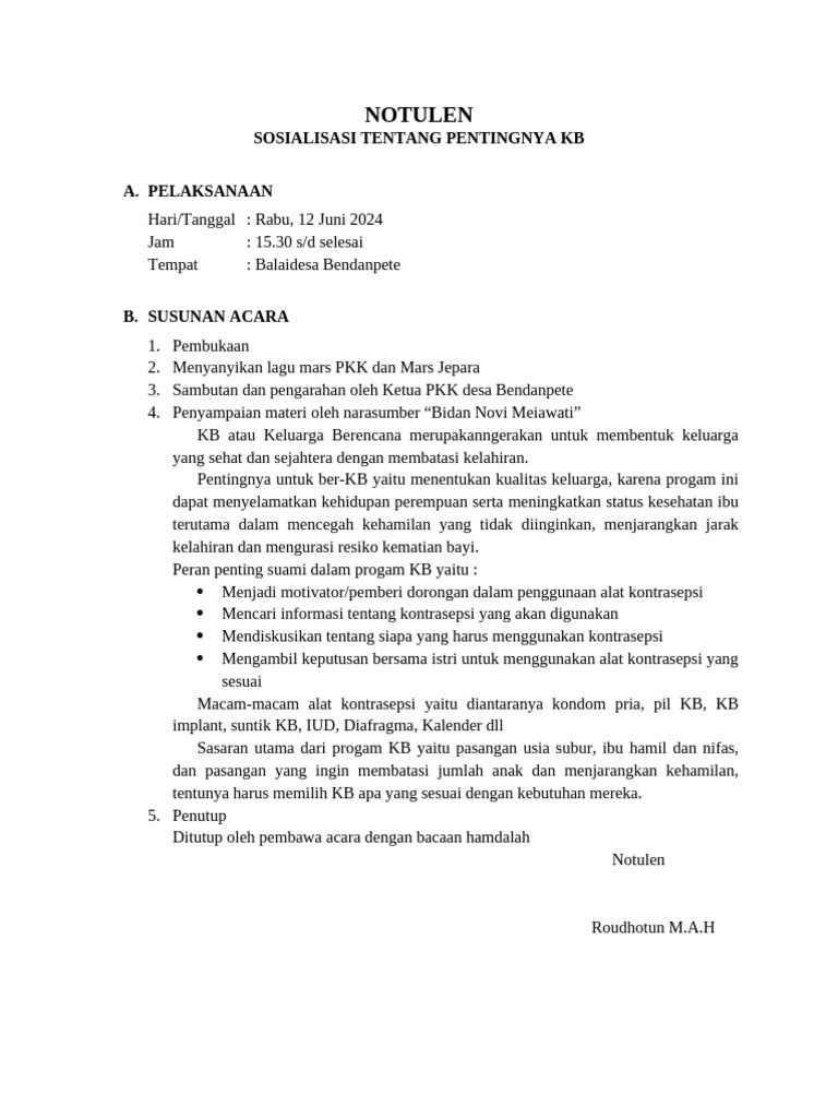 Notulen Sosialisasi Pentingnya KB | PDF