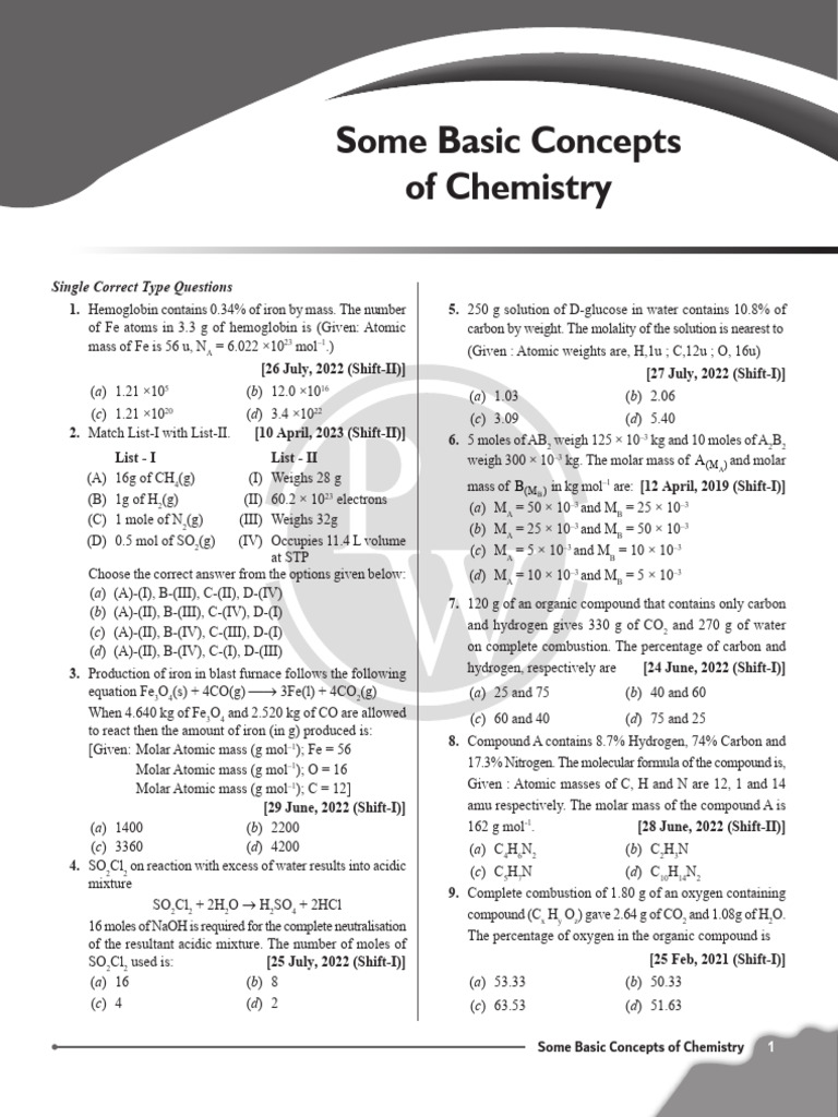 Some Basic Concepts of Chemistry - PYQ Practice Sheet | PDF | Mole ...