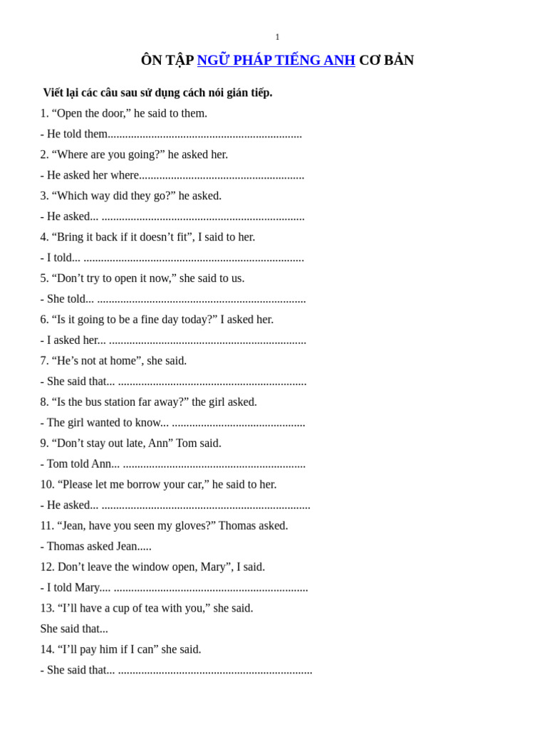 Bai Tap Tieng Anh Ve Cau Tuong Thuat Truc Tiep Gian Tiep Co Dap An | PDF