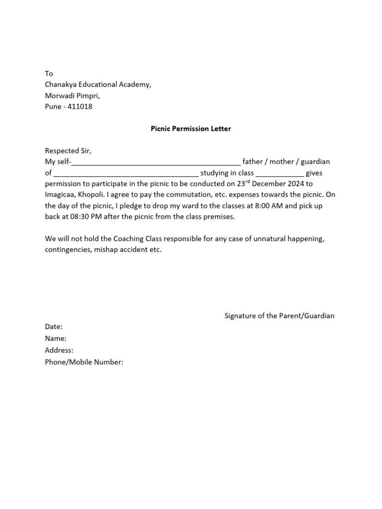 Picnic Consent Letter | PDF